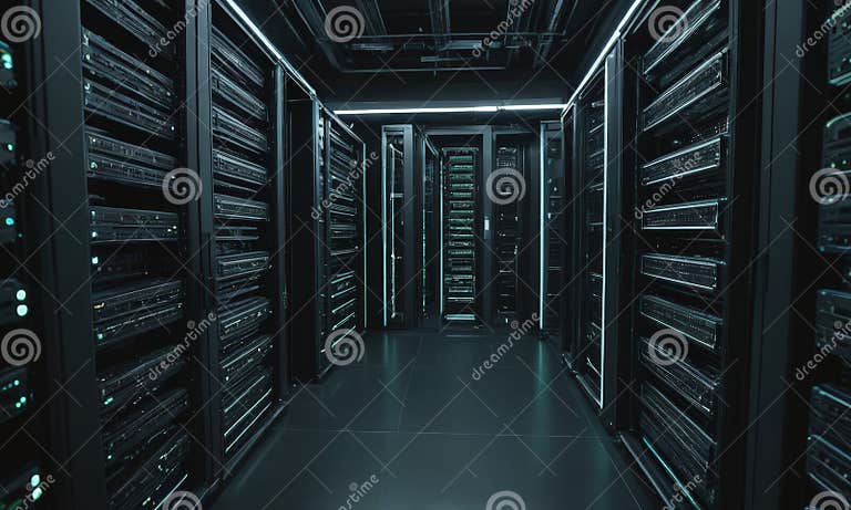 Dimly Lit, Long Corridor with Rows Black Servers and Racks, Creating ...