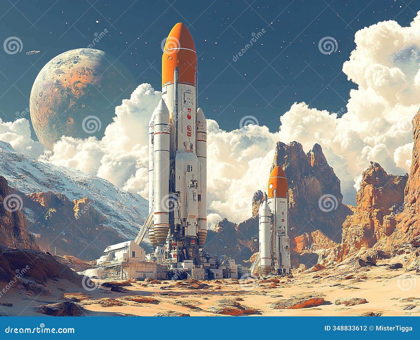Image Depicts a Mars Landing Scene with Two Advanced Rocket Ships, Set ...