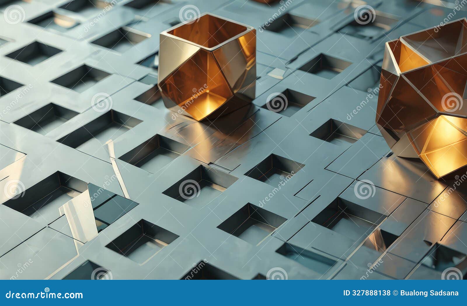 Two Golden Cubes Rest on Metallic Grid, Casting Warm Glow on the ...