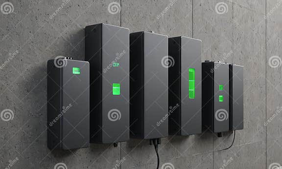 Row Black Rectangular Boxes with Green LED Lights on the Sides, Mounted ...
