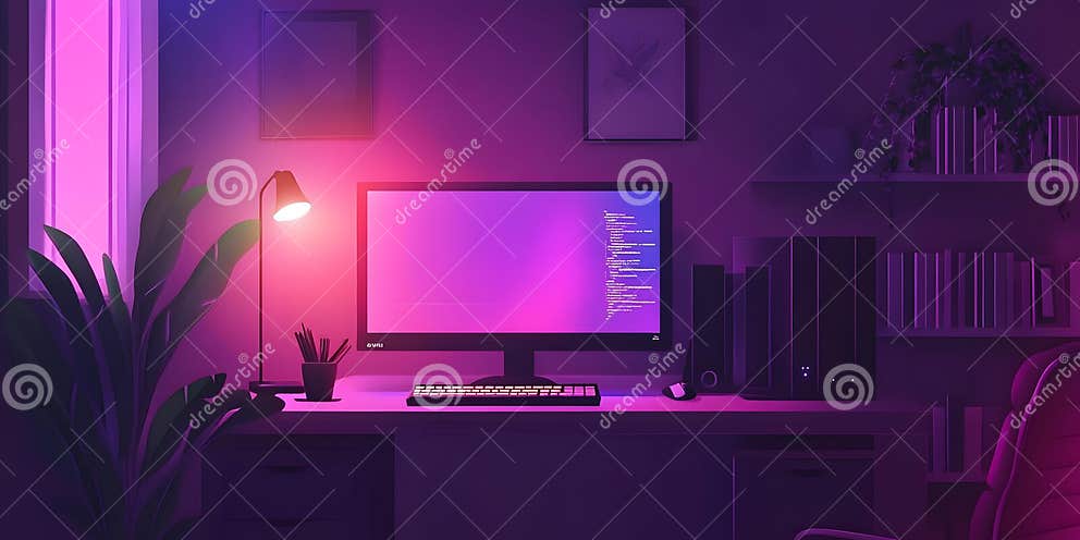 Modern Workspace with Computer Setup Stock Illustration - Illustration ...