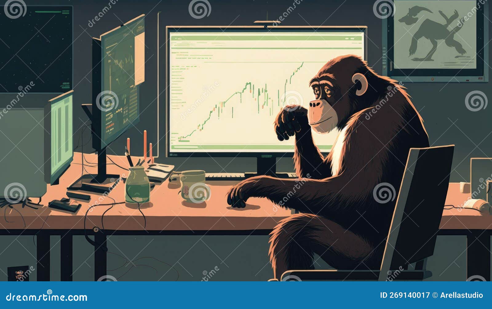 The Image Depicts a Monkey Sitting in an Office. Stock Illustration ...