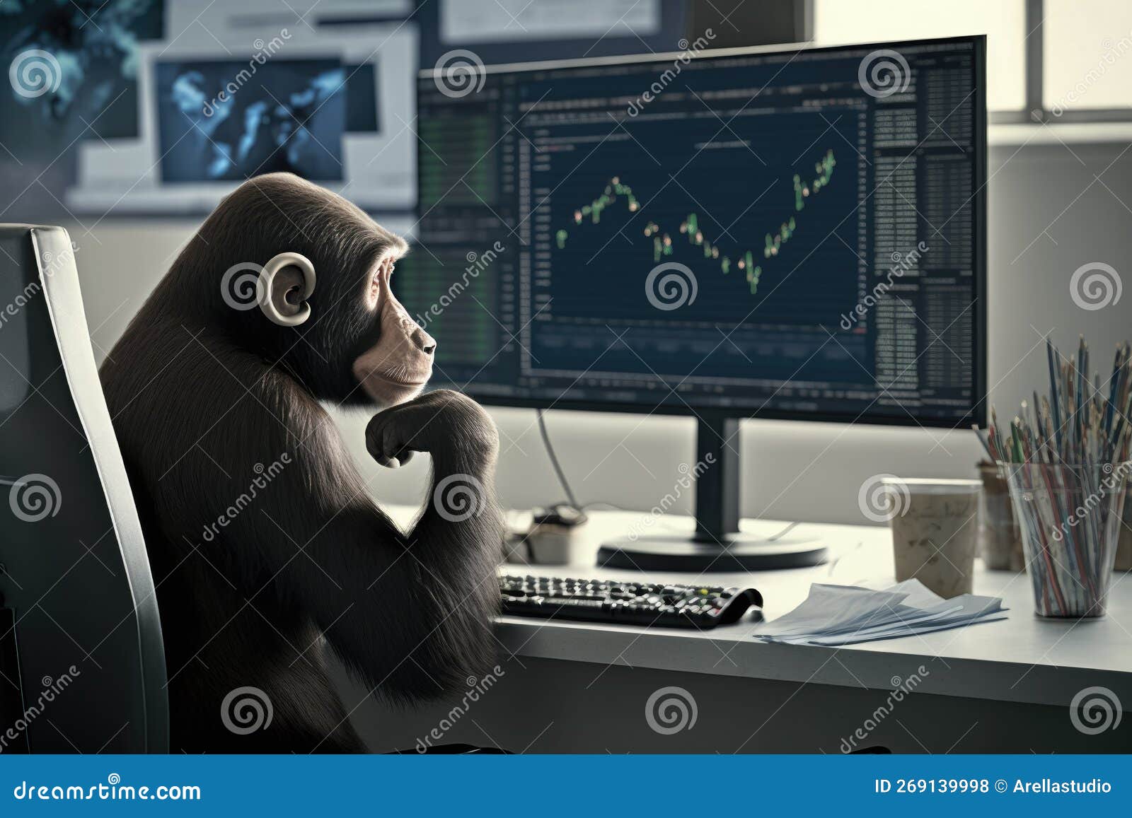 The Image Depicts a Monkey Sitting in an Office. the Monkey is Intently ...