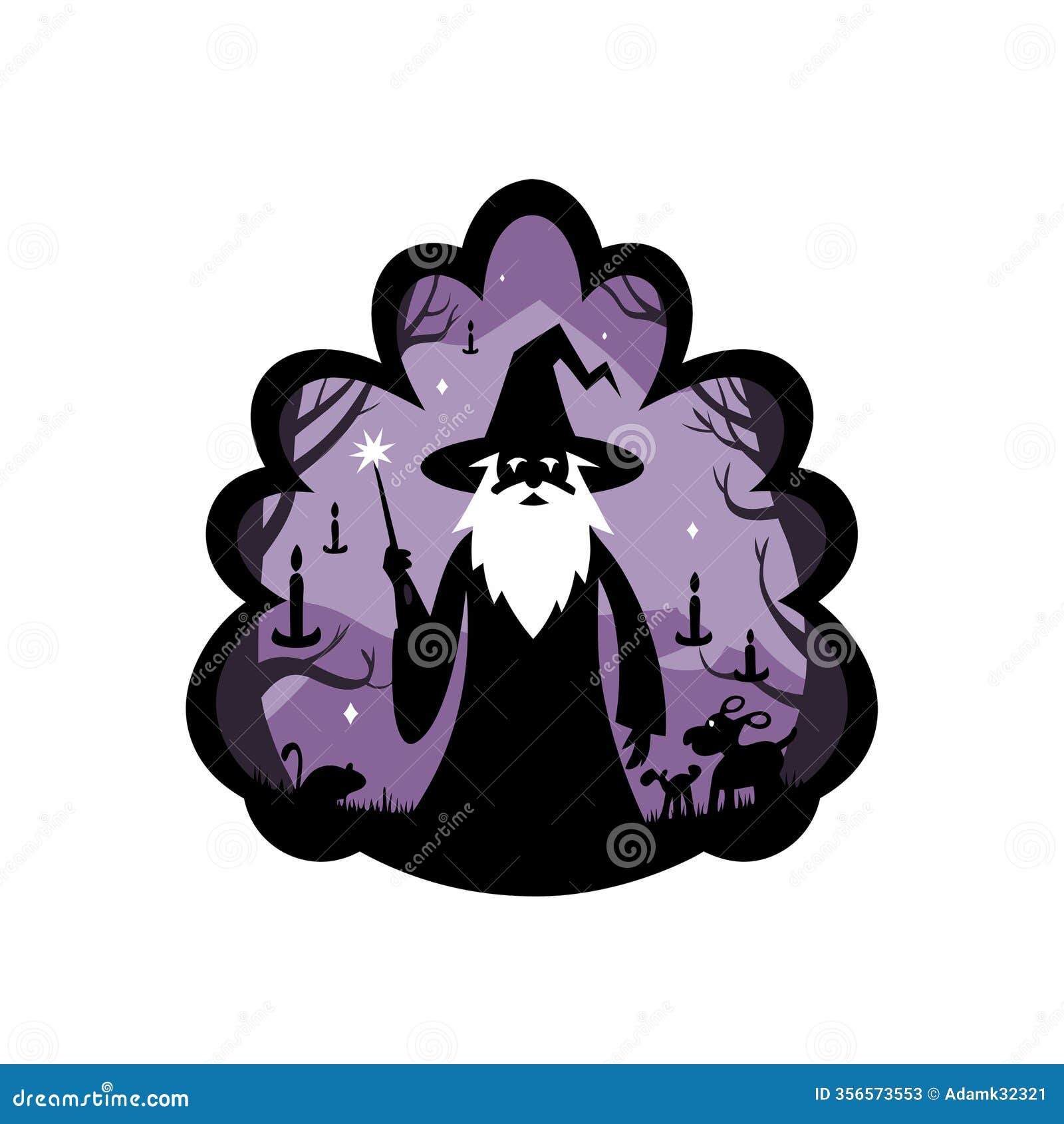 Wizard Silhouette in Enchanted Forest with Candles and Animals Vector ...