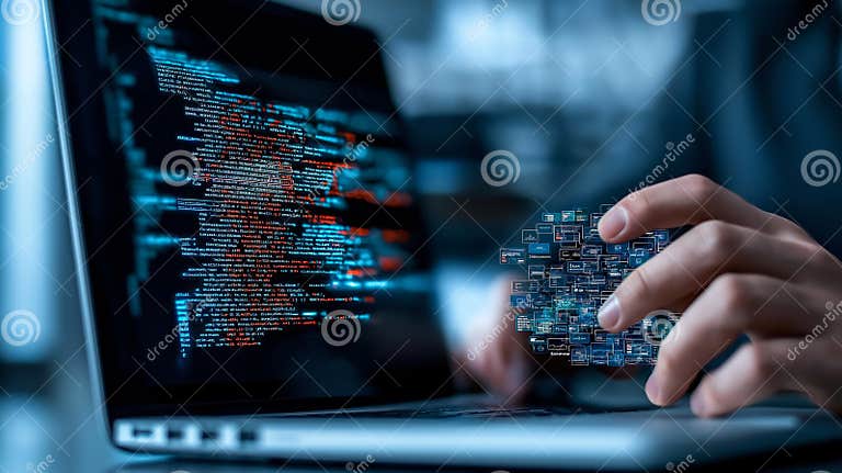 Image Depicts Person Interacting with Laptop Displaying Complex Code ...