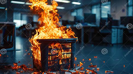 Fire Hazard: Burning Waste Bin Igniting Flames in Office Corner Stock ...