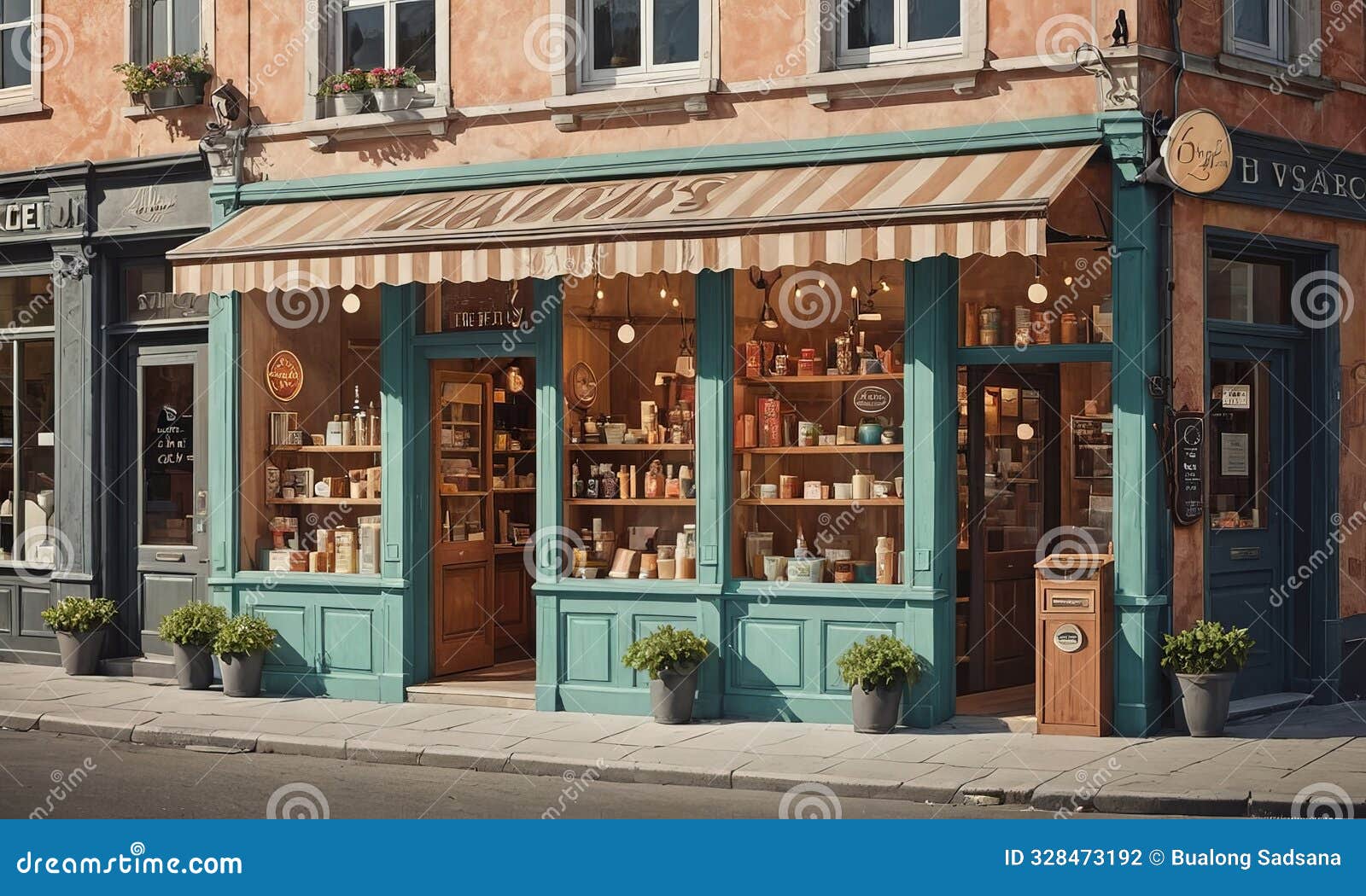 Quaint Storefront with Green Awning and Large Window Display, Featuring ...