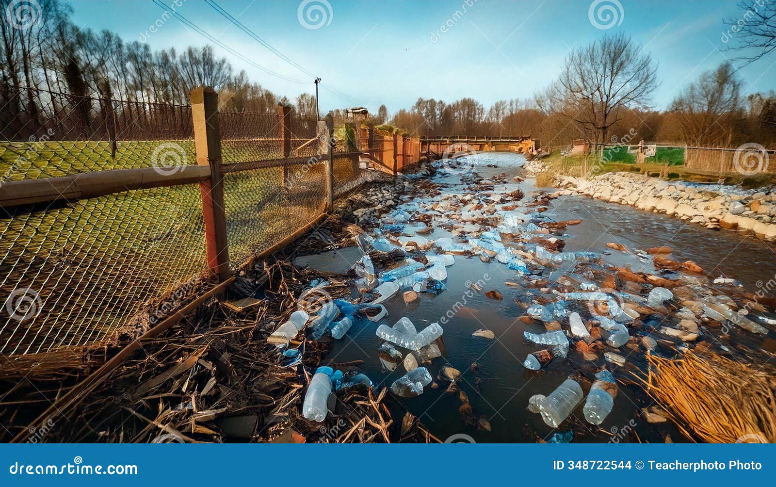 The Image Depicts a River Polluted with Plastic Waste, Highlighting the ...