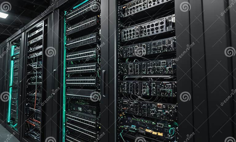 Row Black Server Racks with Various Networking and Data Center ...