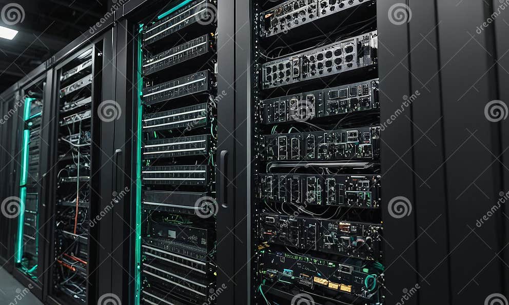 Row Black Server Racks with Various Networking and Data Center ...