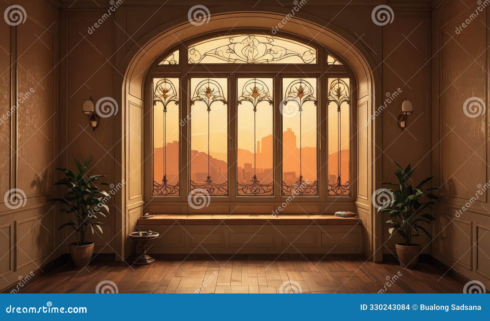 Arched Window And Terra Cotta Armchairs In Apartment With Concrete ...