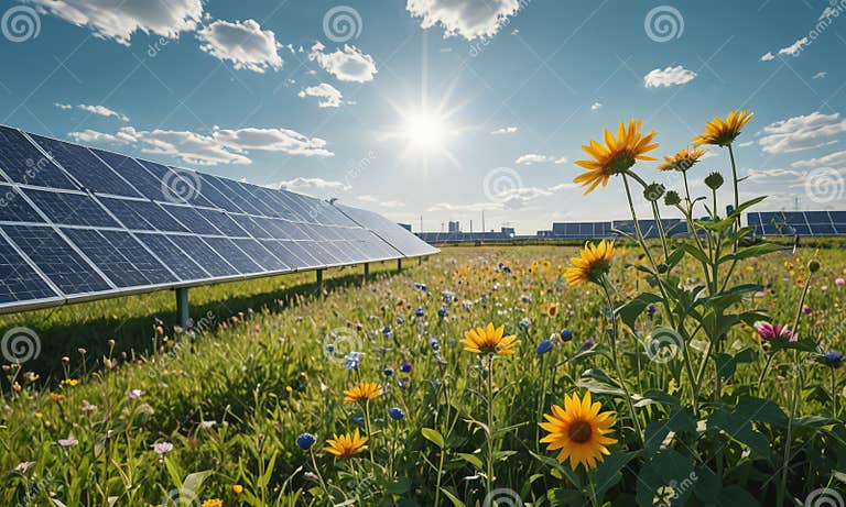 Solar Panel Array Stands in Field Vibrant Wildflowers, with Bright Blue ...