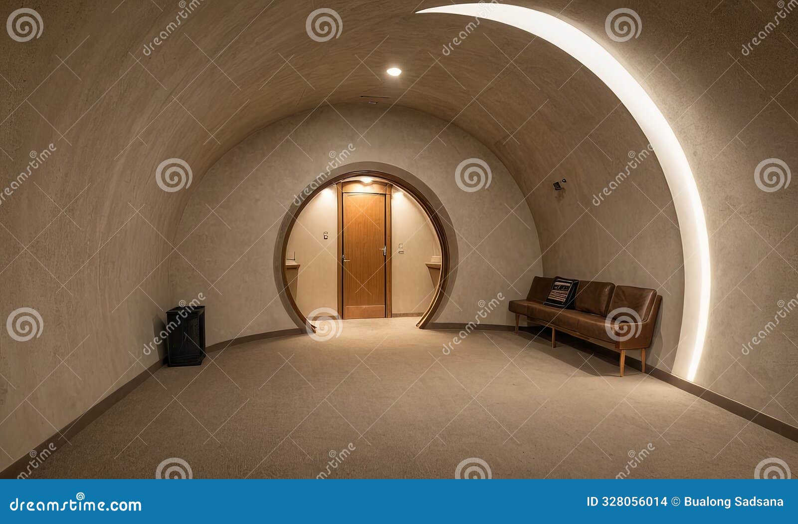 Dimly Lit Hallway With Curved Ceiling, Wooden Door, And Bench, Leading ...