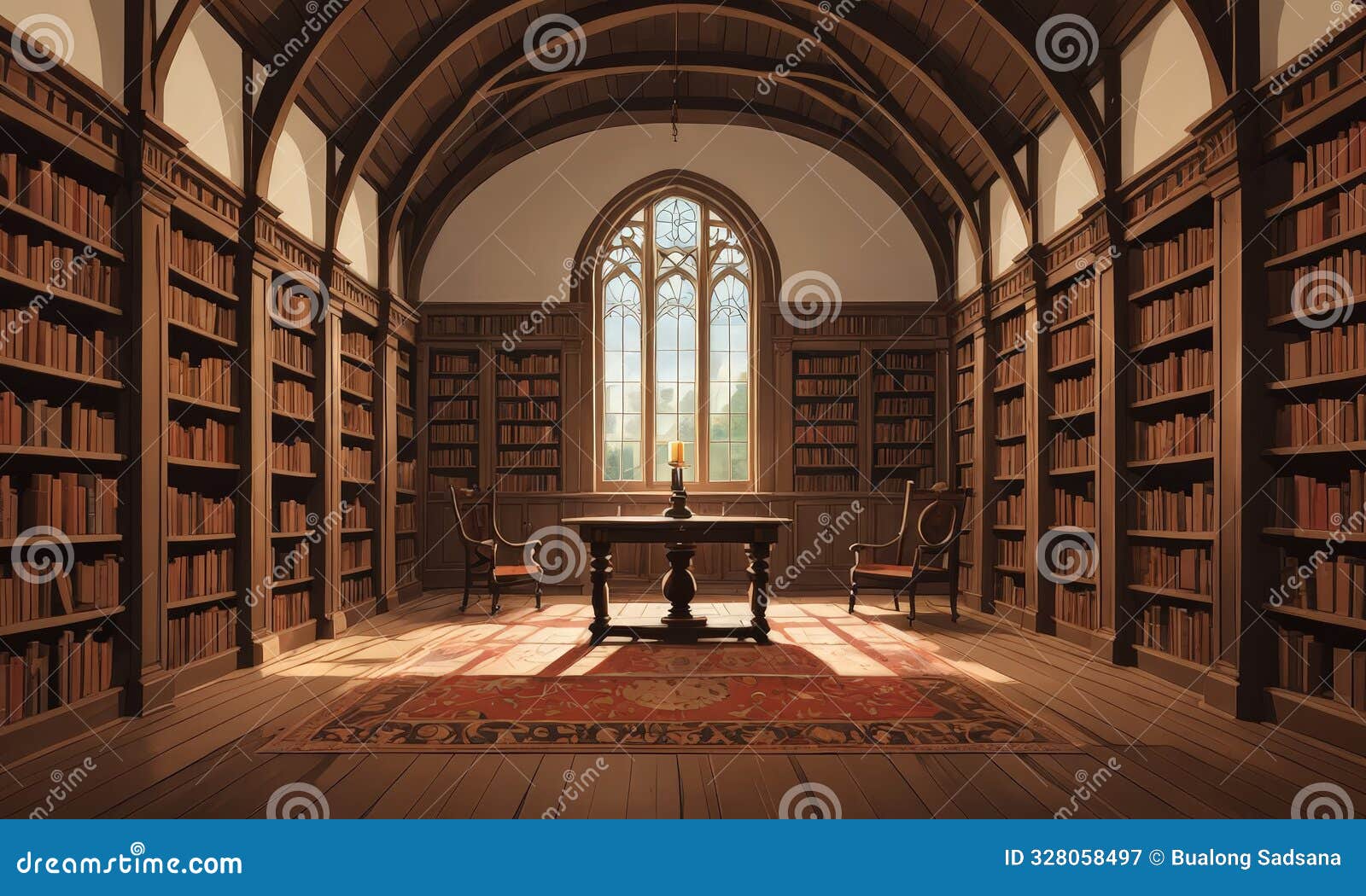 Grand Library with High Vaulted Ceilings, Wooden Bookshelves, and Large ...