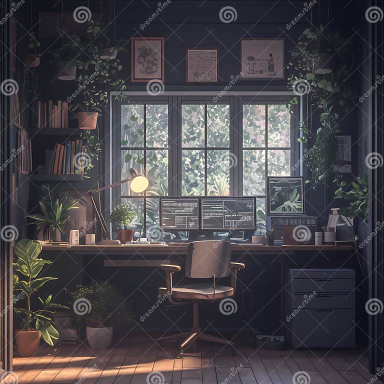 Serene Workspace: Uncluttered Desk Amidst Lush Greenery Stock ...