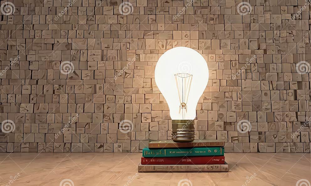 Light Bulb Illuminates Stack Books Against Brick Wall, Creating Warm ...
