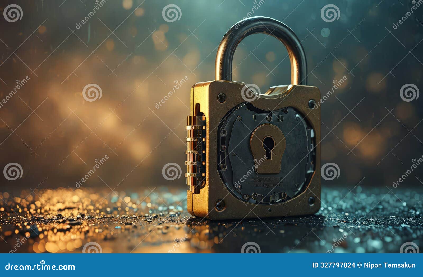 Golden Padlock with Keyhole and Chain Lock Sits on Dark Surface ...