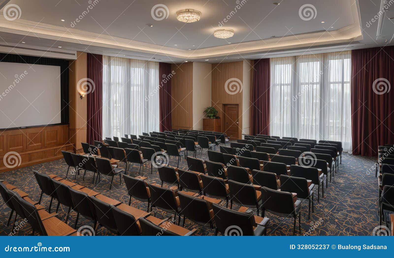Spacious Conference Room With Projection Screen, Bookshelves, And Glass ...