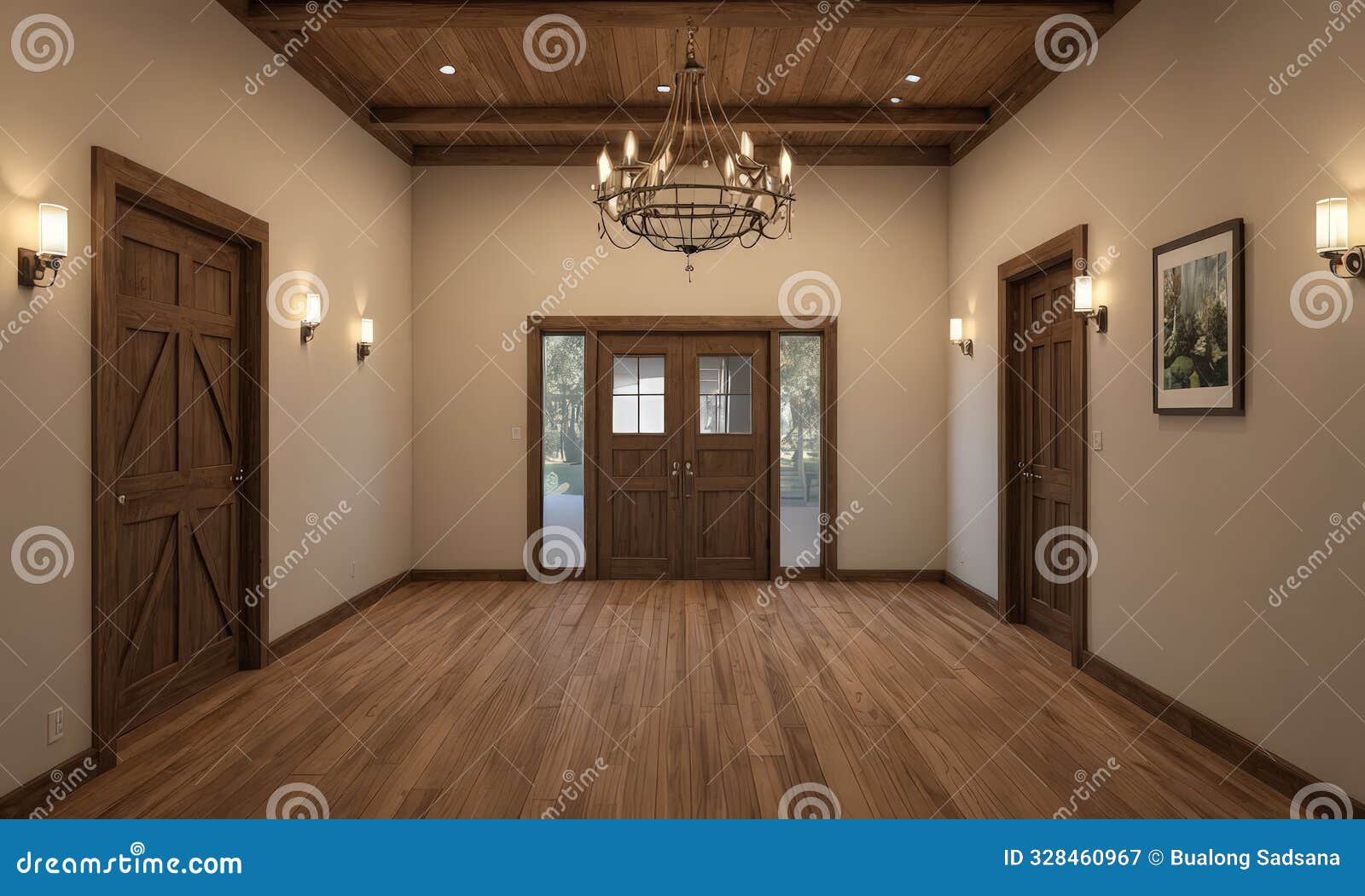 Spacious Hallway with Wooden Floors, White Walls, and Chandelier ...