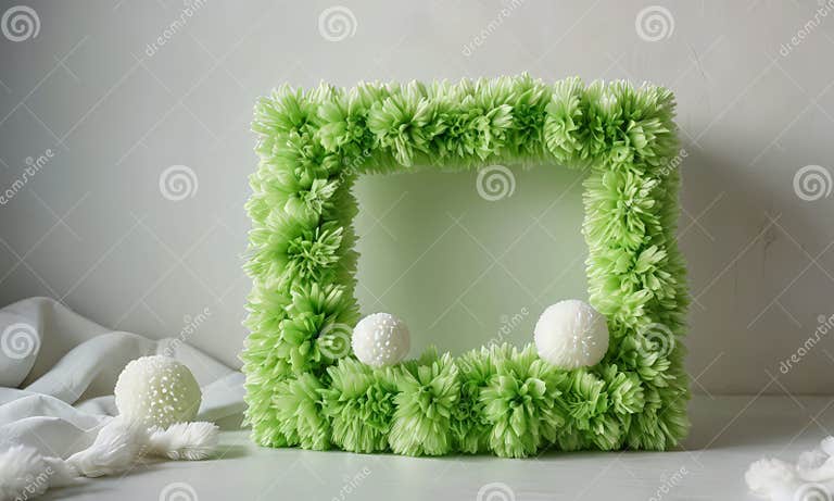 Green, Fluffy Frame with Two White Balls Sits on White Surface ...