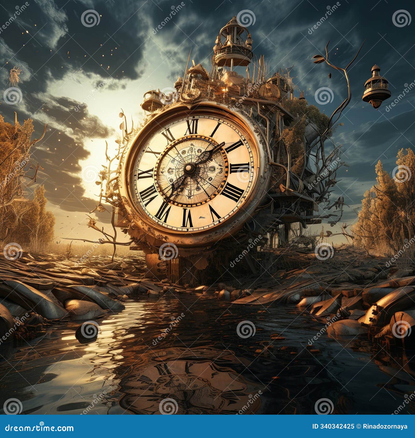 A Clockwork Cityscape in a Surreal Landscape with a Clock Tower in the ...