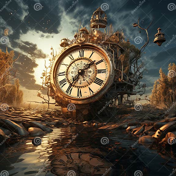 A Clockwork Cityscape in a Surreal Landscape with a Clock Tower in the ...