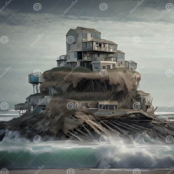 Eroding Cliff with Abandoned Houses Facing Ocean Waves Stock Image ...