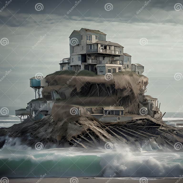 Eroding Cliff with Abandoned Houses Facing Ocean Waves Stock Image ...