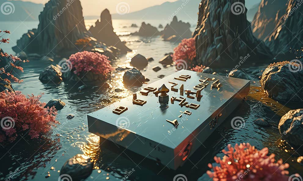 Digital Floating Island with Rectangular Platform, Surrounded by Rocks ...