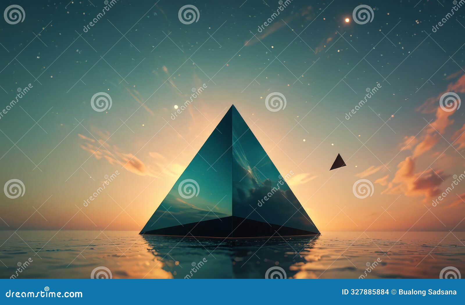 Triangular Glass Structure Reflects the Sky and Clouds at Sunset, with ...