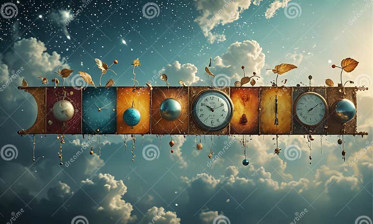 Surreal Scene Floating Clock with Various Colored Dials and Blue Sphere ...