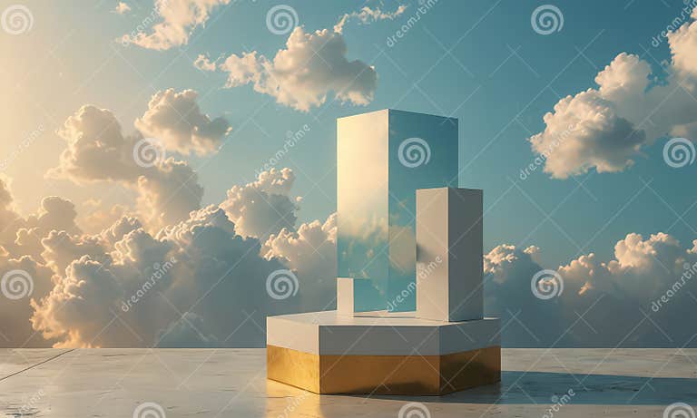 3D White Rectangular Platform with Blue Glass Panel, Set Against ...