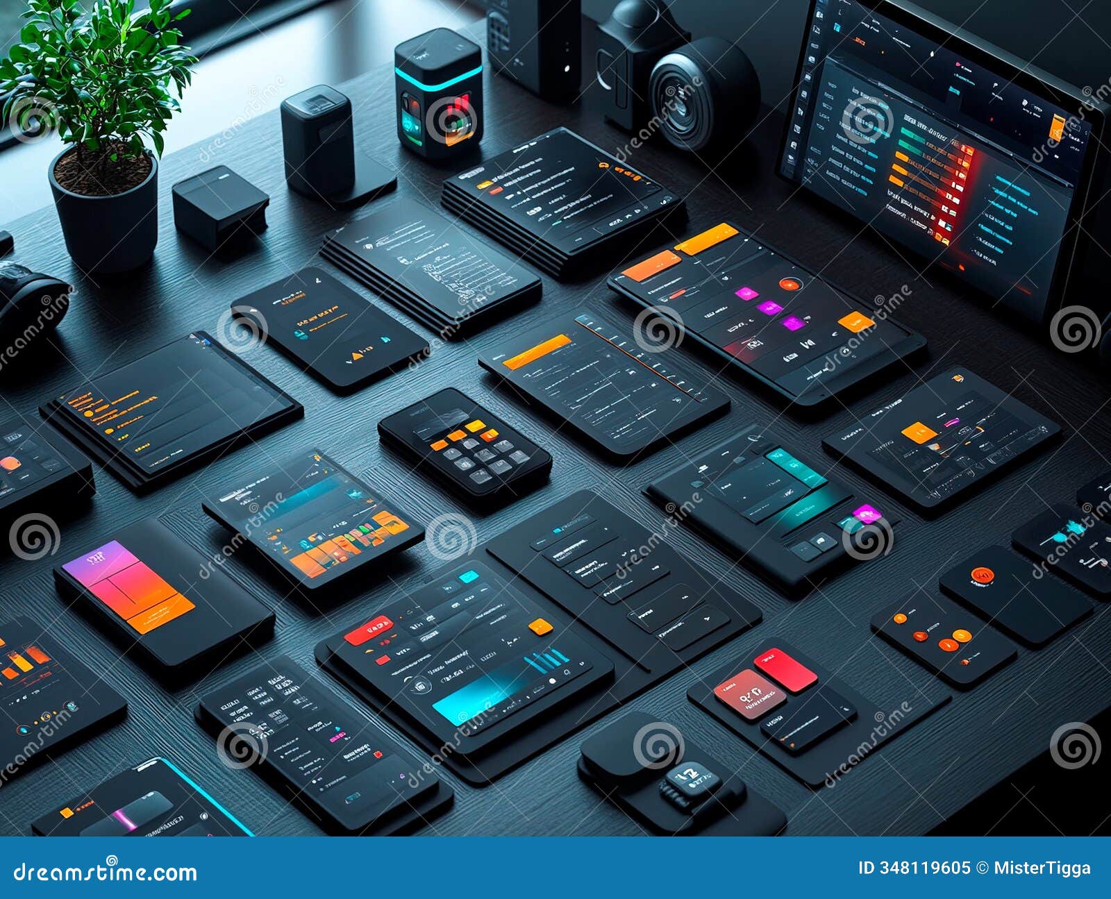 Image Depicts a Tech-focused Workspace with Digital Design Elements ...