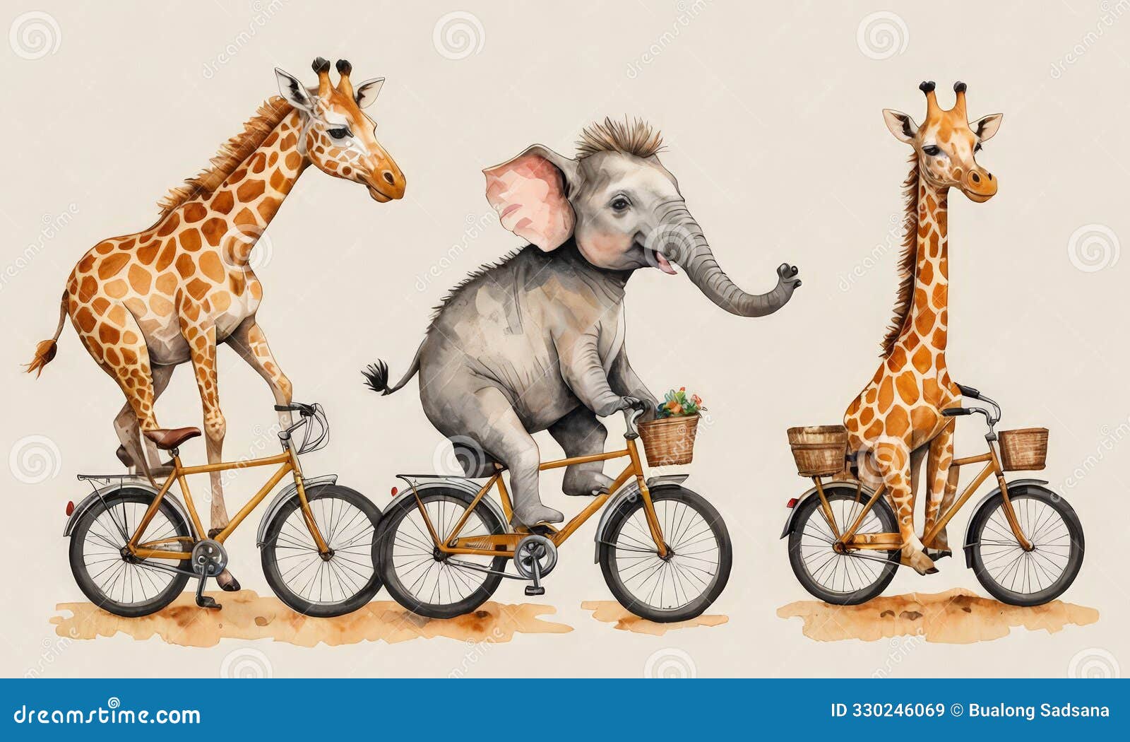 Three Animals - Giraffe, Elephant, and Giraffe - Ride Bicycles, Each ...