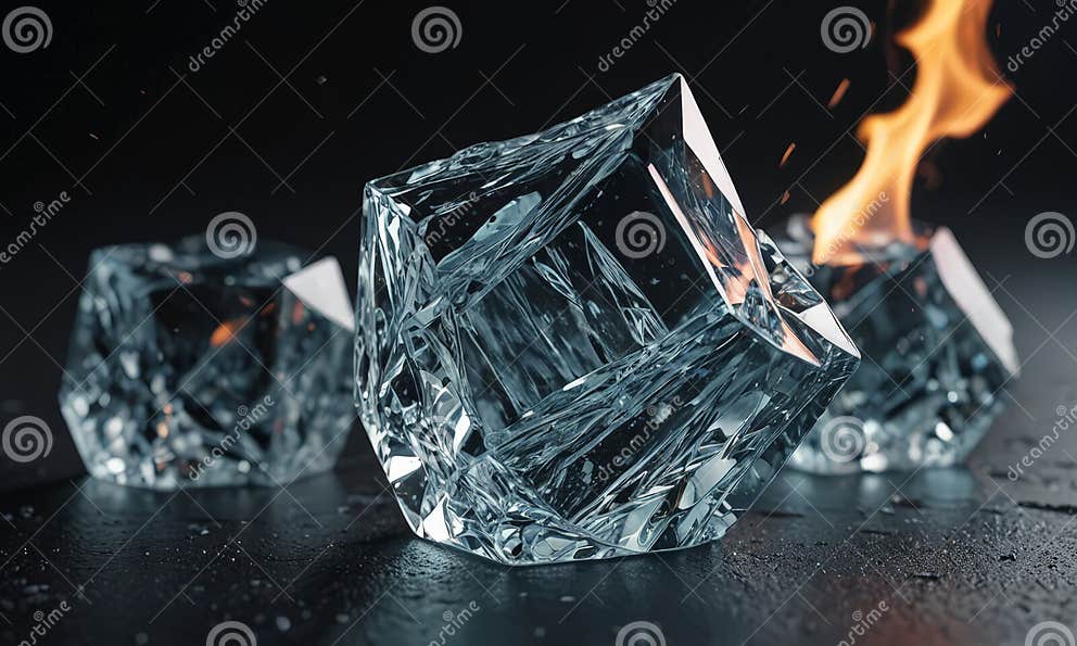 Three Ice Cubes with Flames Burning on Top, Set Against Dark Background ...