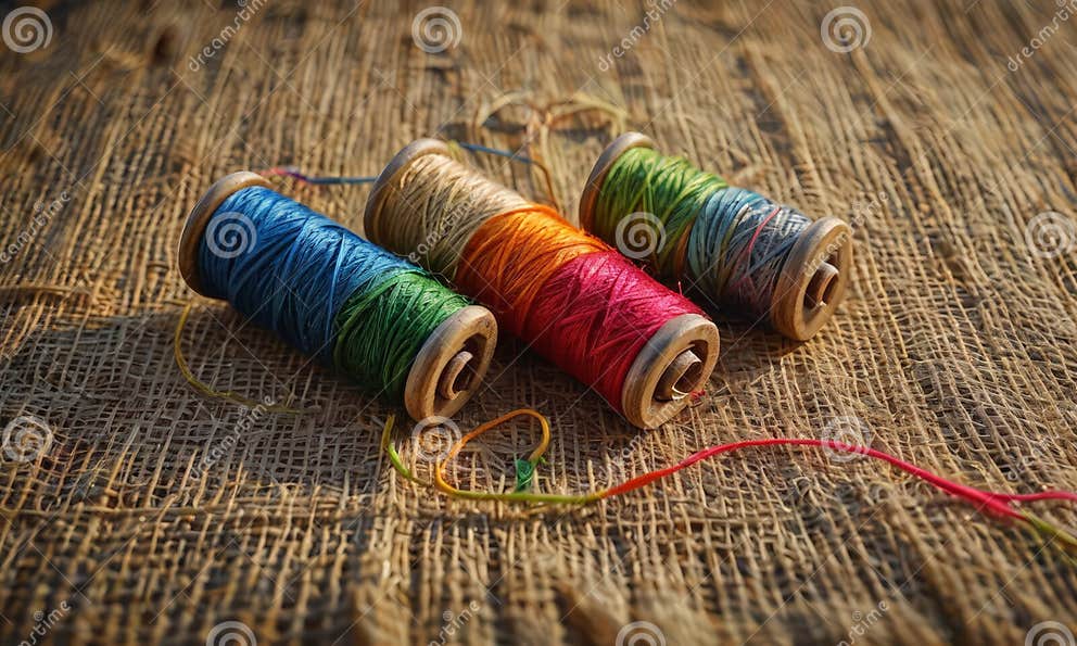 Three Spools Thread in Blue, Green, and Pink are Arranged on Burlap ...