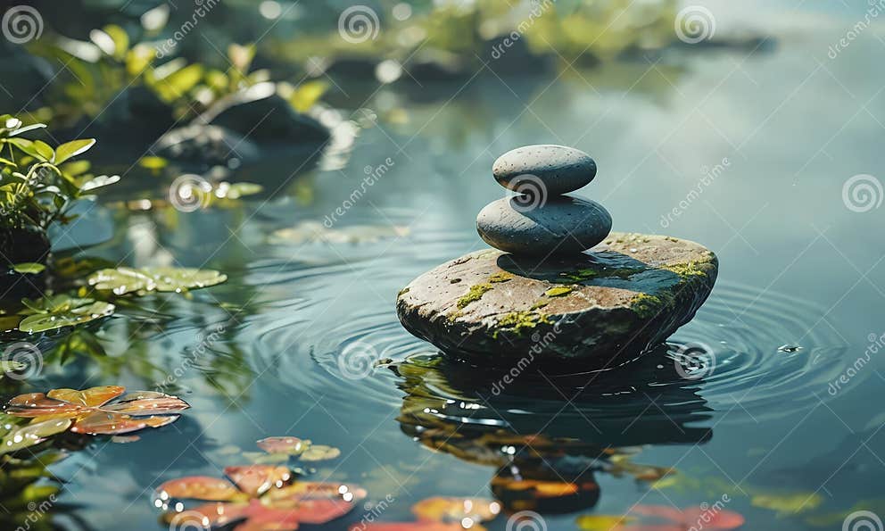 Tranquil Pond Scene Features Stone Balance with Two Stones, Surrounded ...