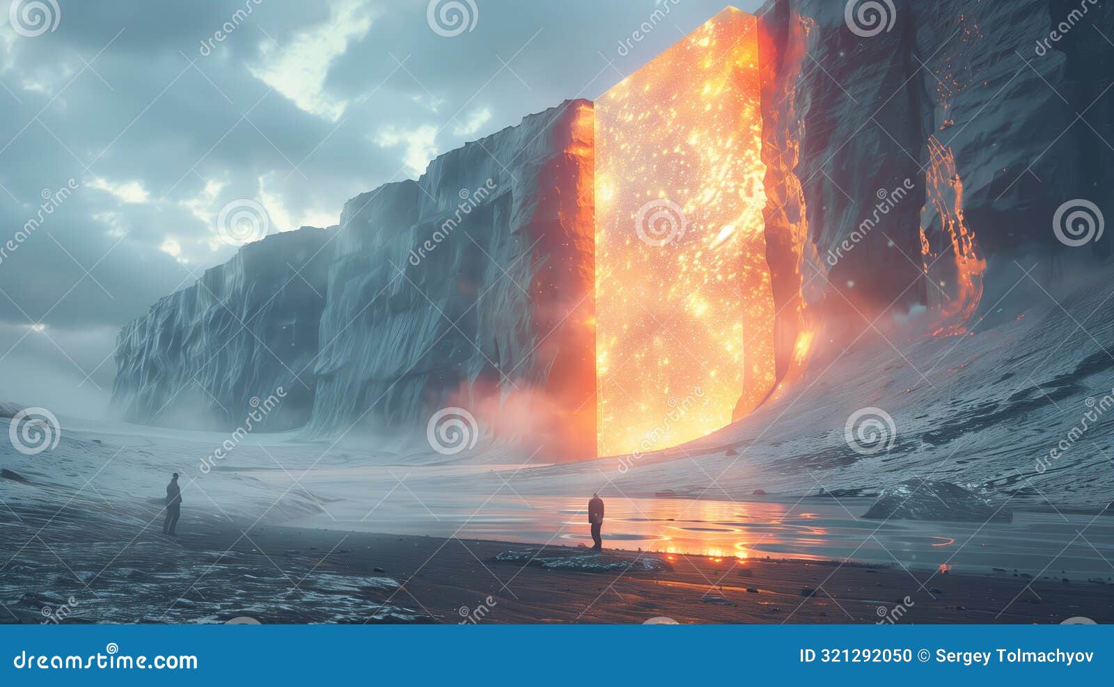 Two Figures Standing before a Massive Burning Crack in the Ice Wall ...