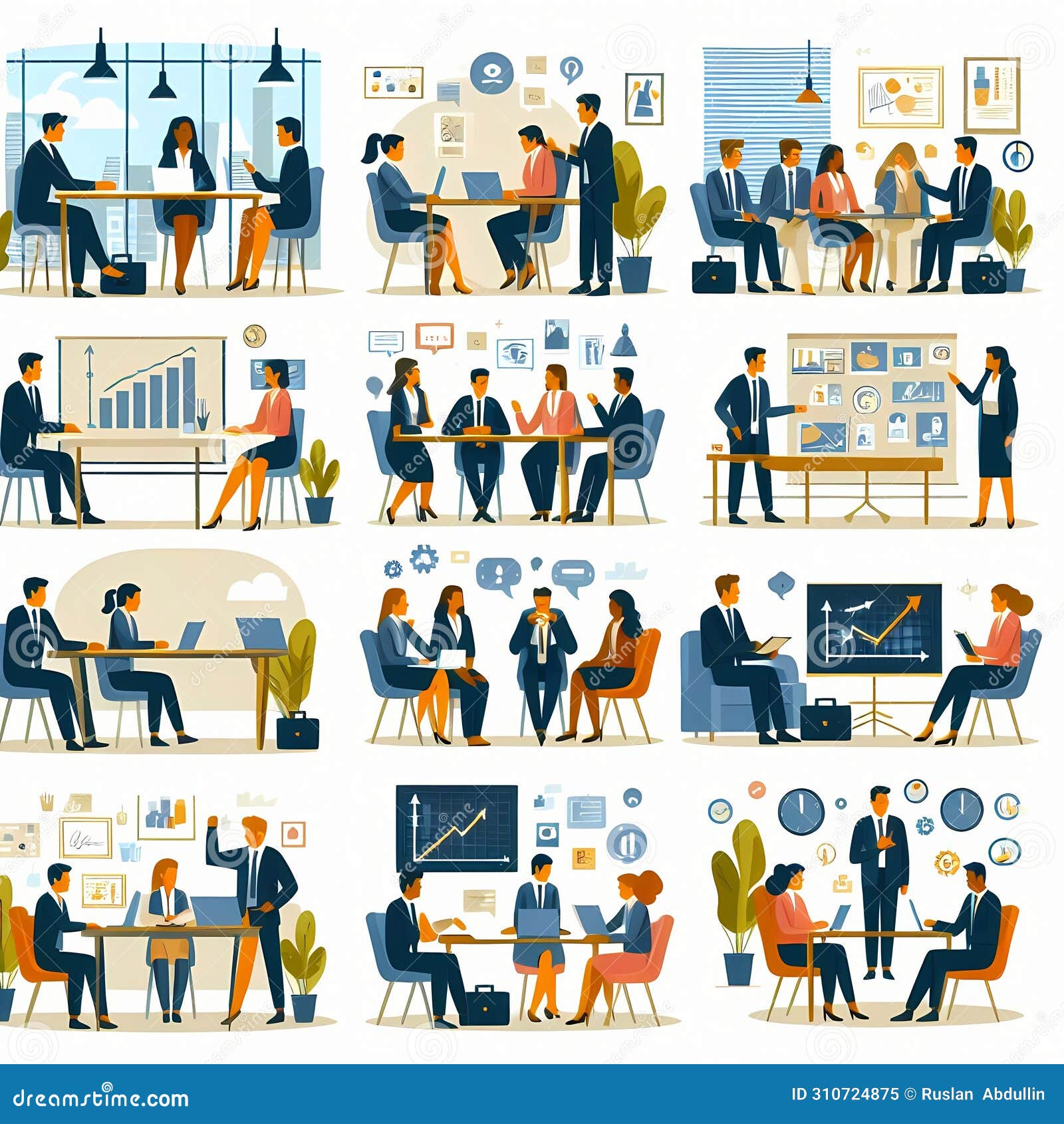 Professional Office Scenes with Meetings Stock Illustration ...