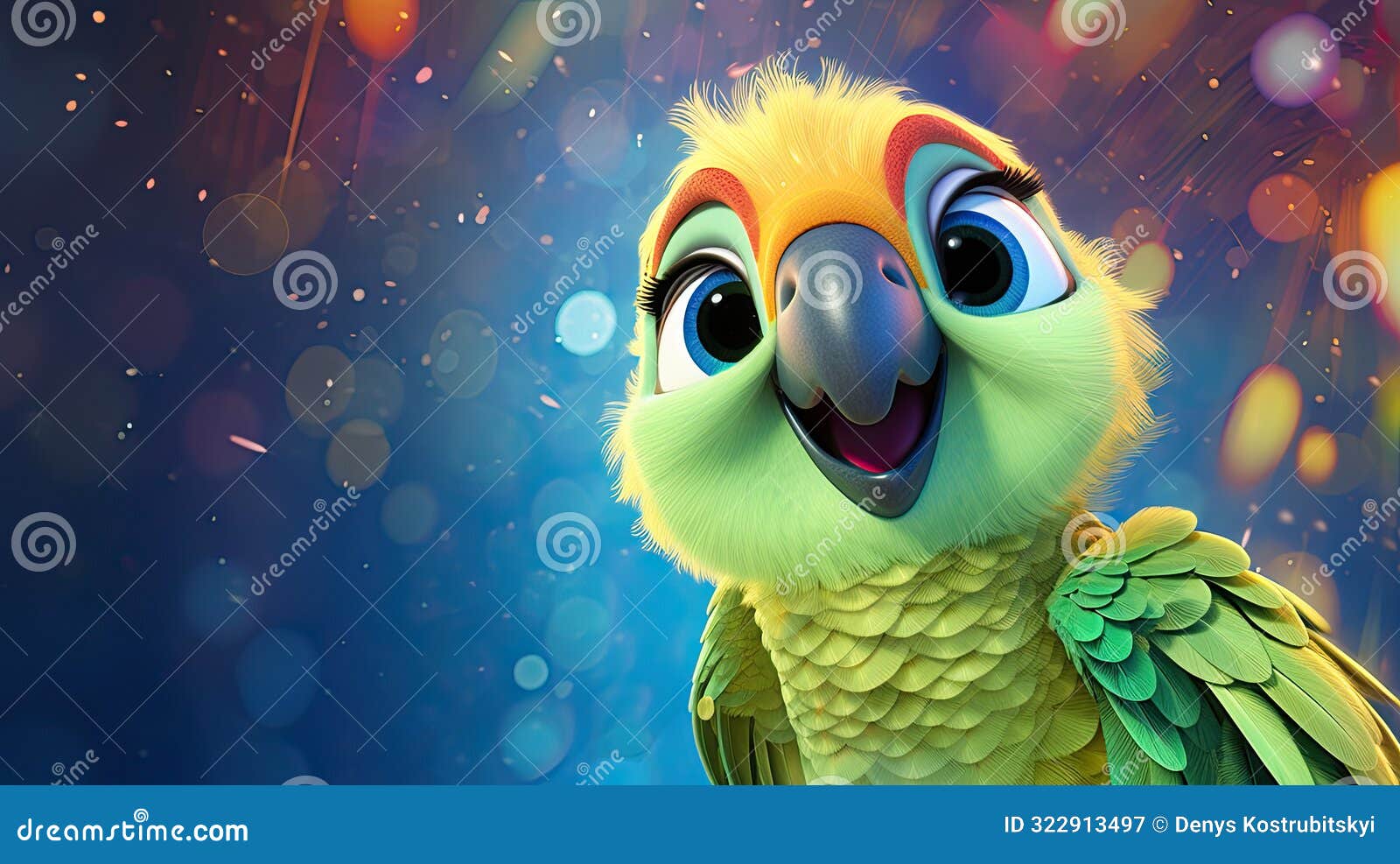 Cheerful Cartoon Parrot in a Magical Lights Fantasy Stock Illustration ...