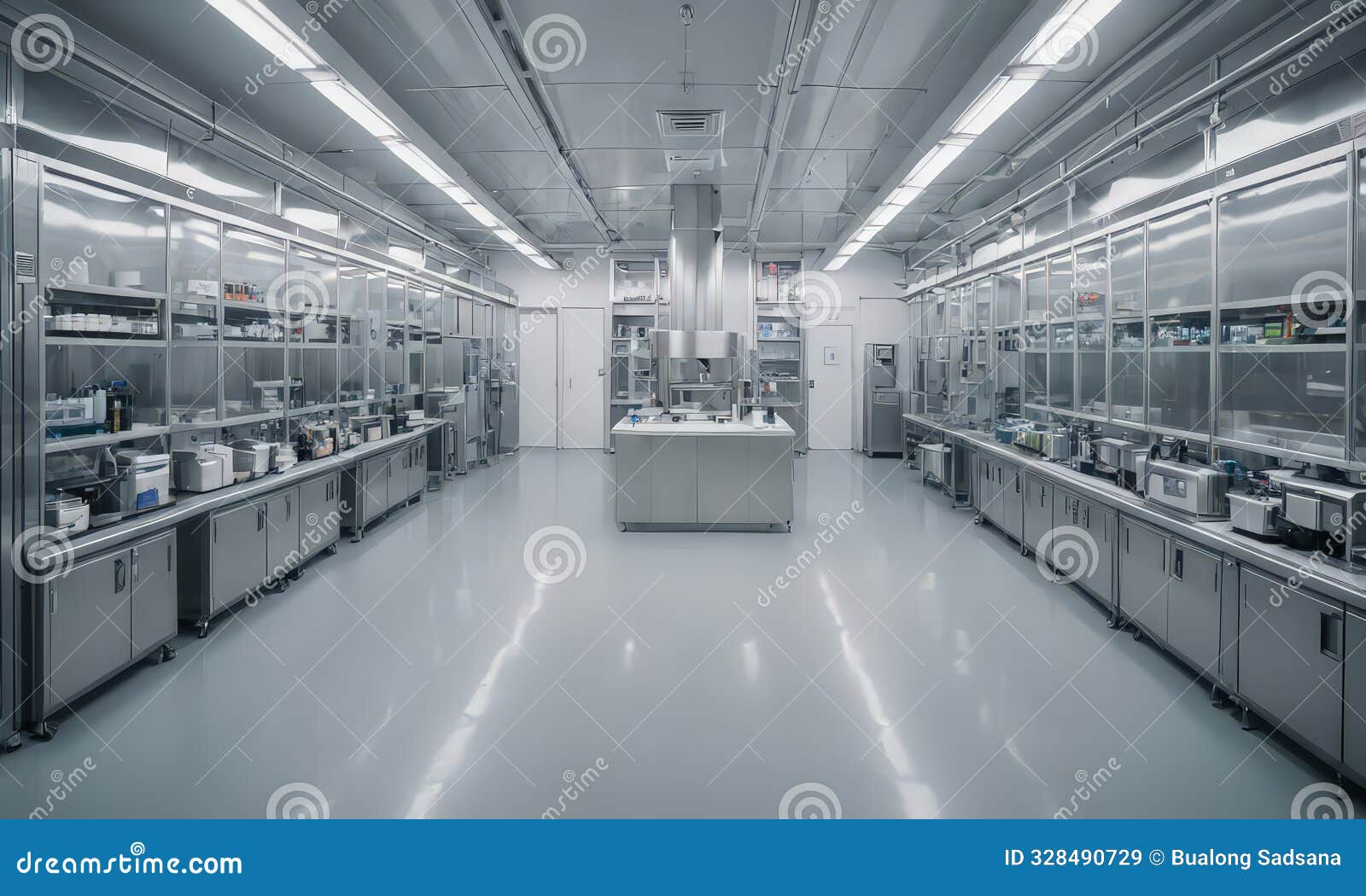 Clean, Well-lit Laboratory with White Cabinets and Shelves, Featuring ...