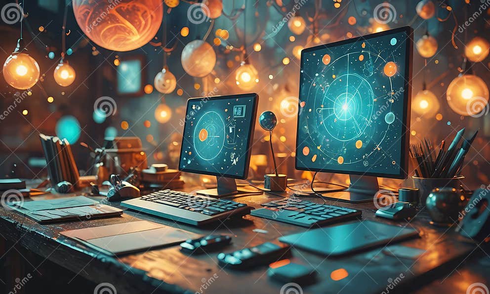 Workspace with Two Computer Monitors Displaying Blue and Green Abstract ...