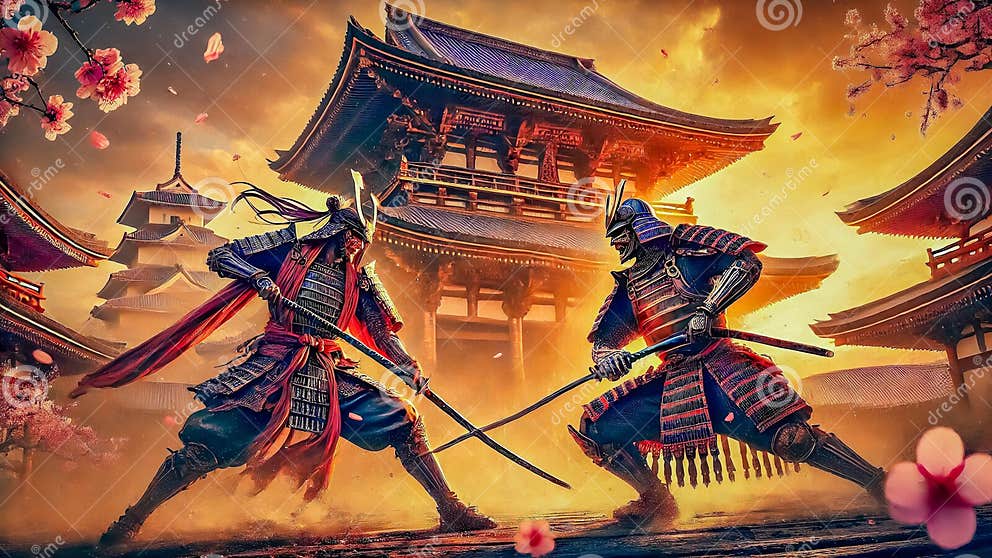 Samurai Duel at the Temple of Honor Stock Illustration - Illustration ...