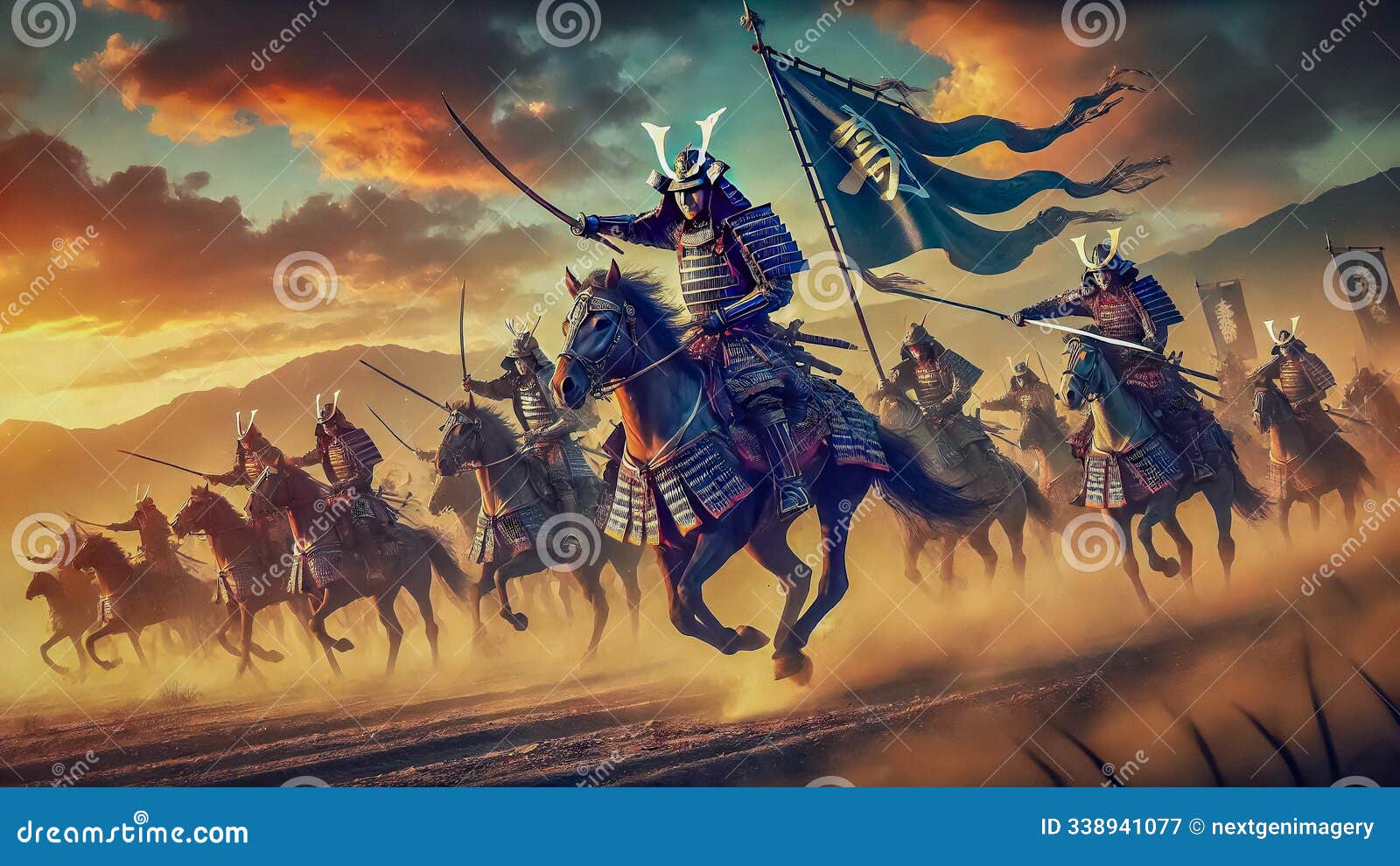 Samurai Cavalry Charge at Sunset in a Dynamic Battlefield Stock ...