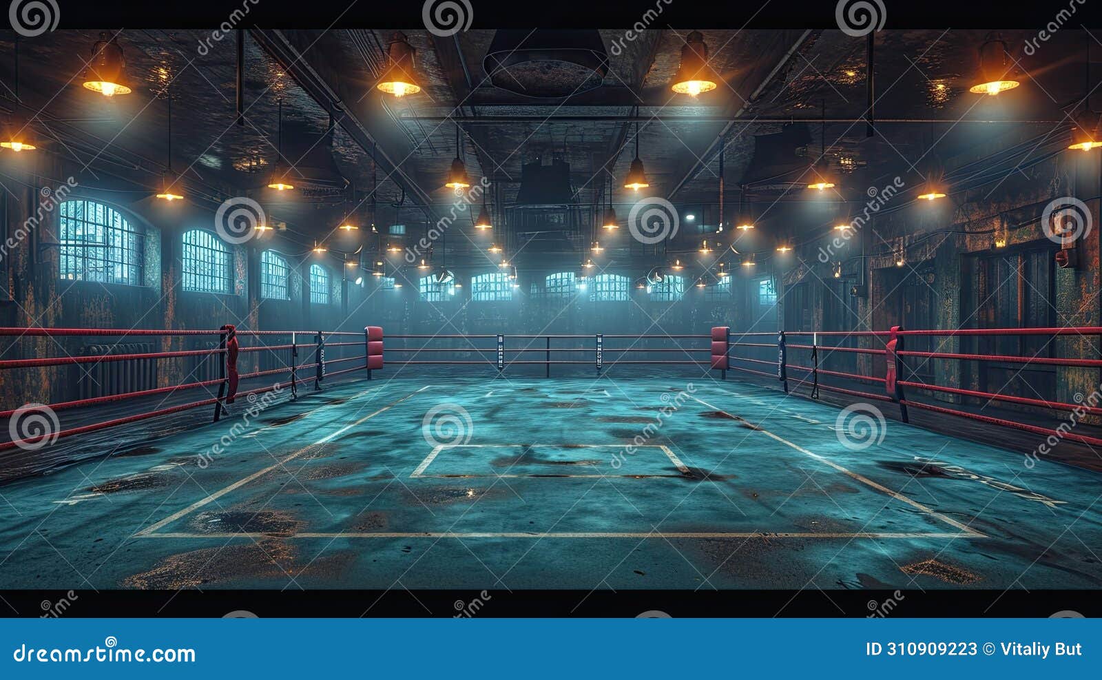 Empty Boxing Ring with Ceiling Lights. Generative AI. Stock Image ...