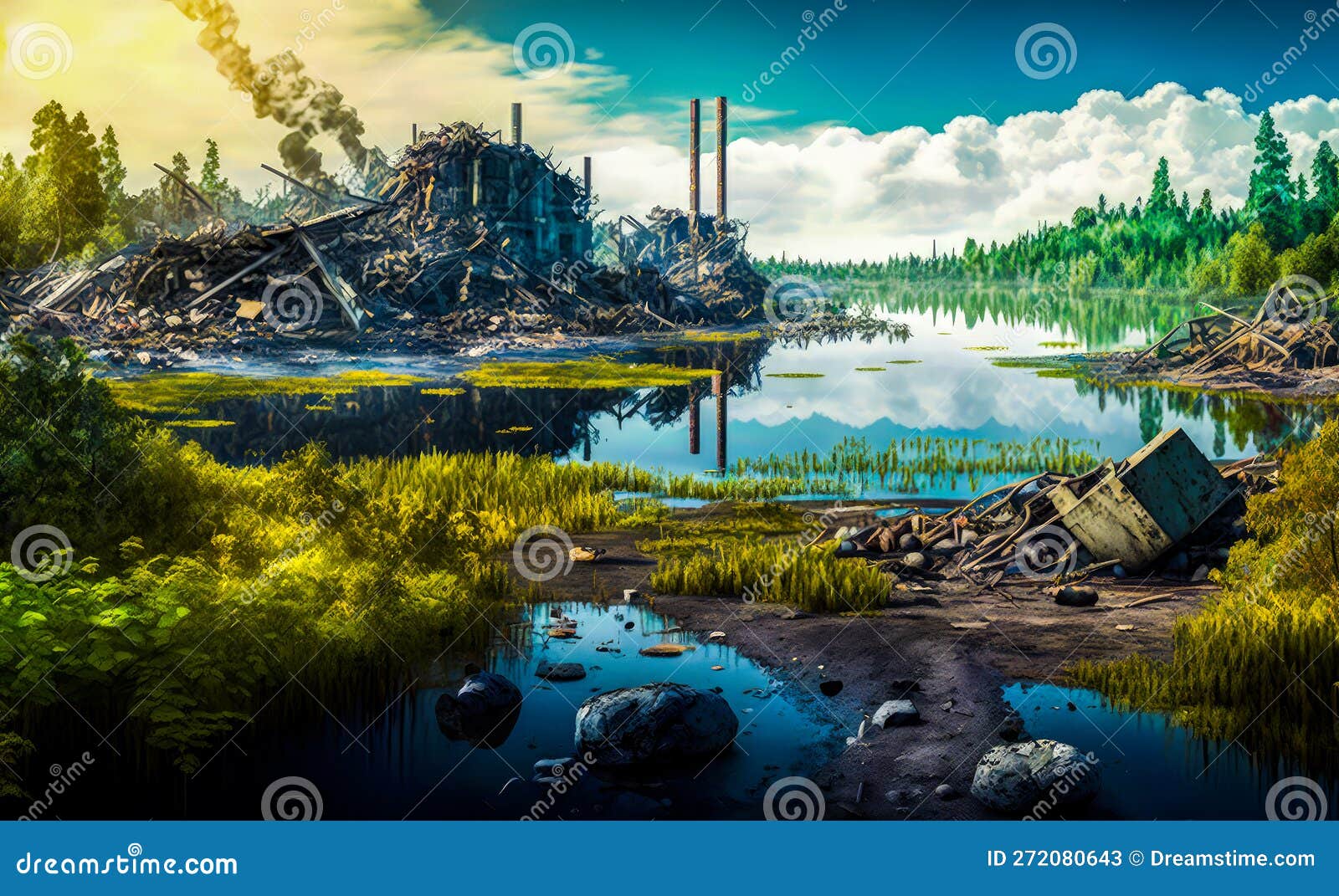 An Image of Destroyed Landscape with Water and Trees. Catastrophic ...