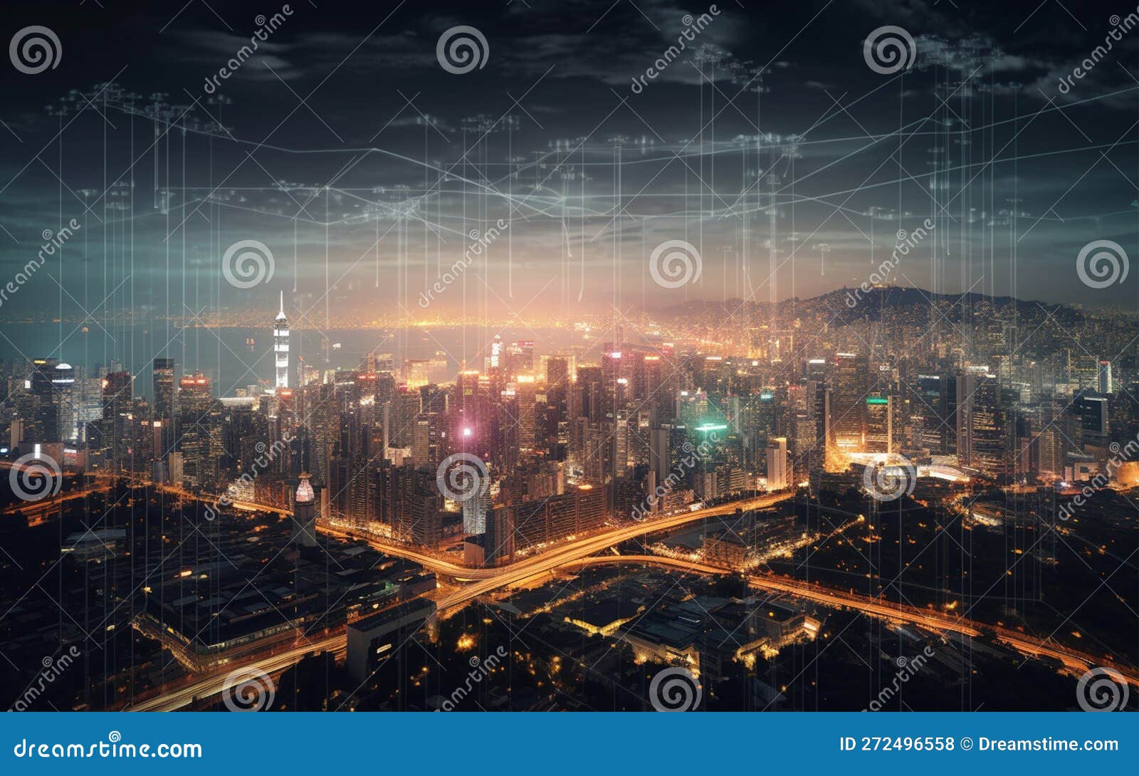 Digital Binary Flow on Night Megapolis, Internet of Things, Smart City ...