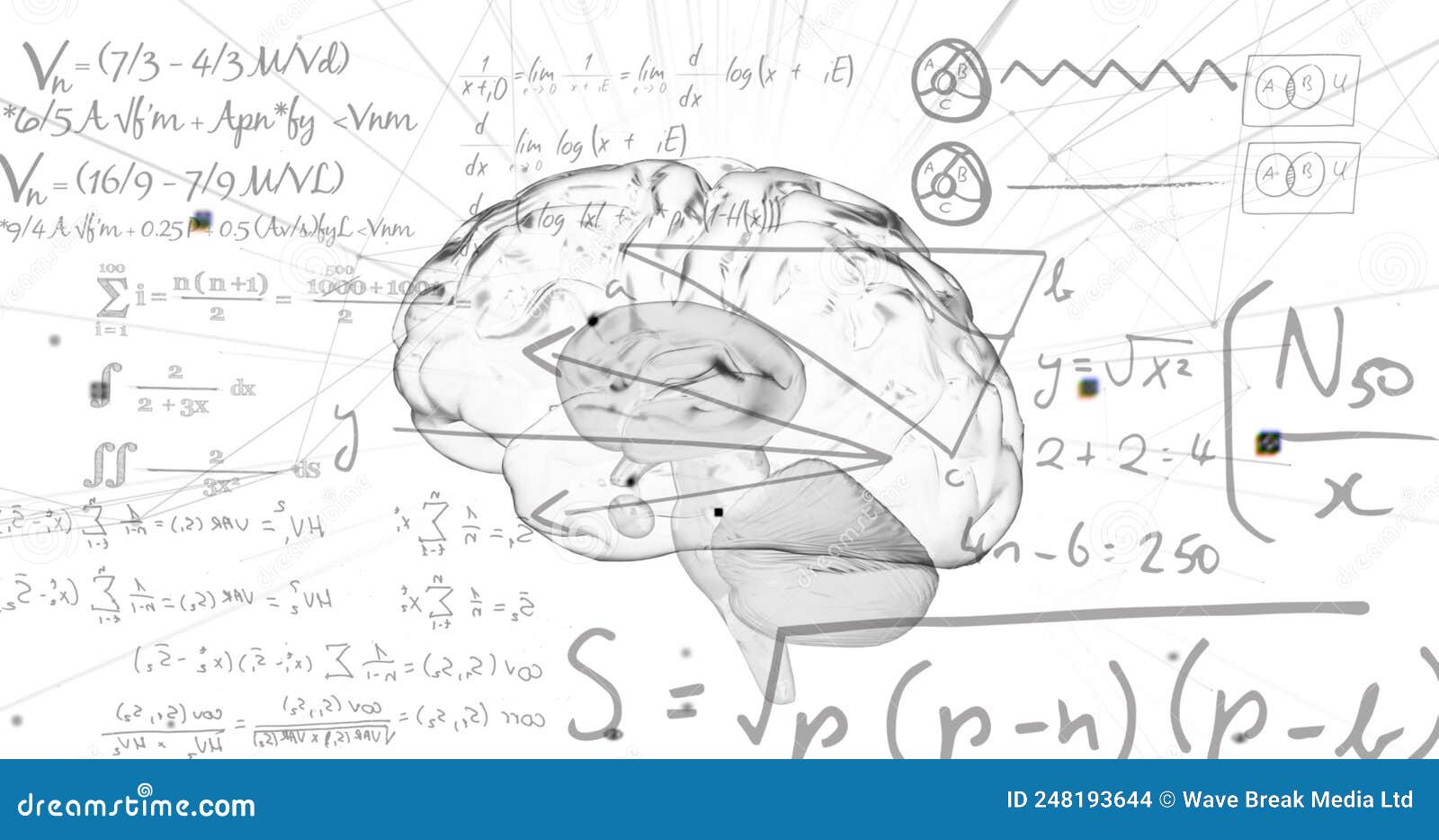 Image of Digital Brain and Mathematical Equations on White Background ...