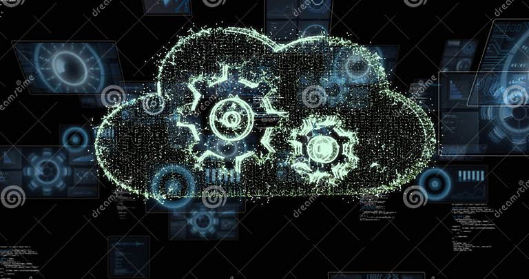 Image of Digital Cloud with Cogs and Data Processing on Black Background Stock Photo - Image of ...