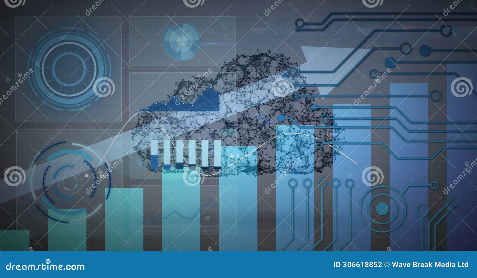 Image of Digital Cloud with Scopes Scanning on Screens, Arrow Ascending ...
